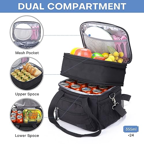 RONROX Double Deck Insulated Lunch Box, Leakproof Reusable Lunch Cooler Bags, Expandable Large Lunch bag, 900D Oxford for Men Women, Adults Work, Office, Picnic, 17L, Black