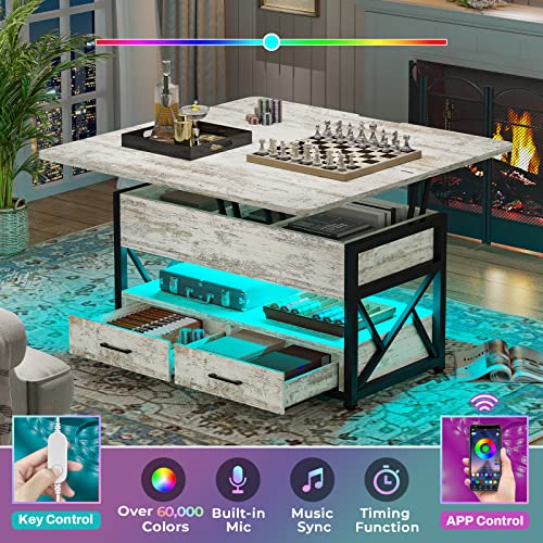 Itaar 40" Lift Top Coffee Table, 4 in 1 Coffee Tables with Storage for Living Room, Small Farmhouse Coffee Table with 2 Drawers & LED Light for Dining Reception Room, Rustic White