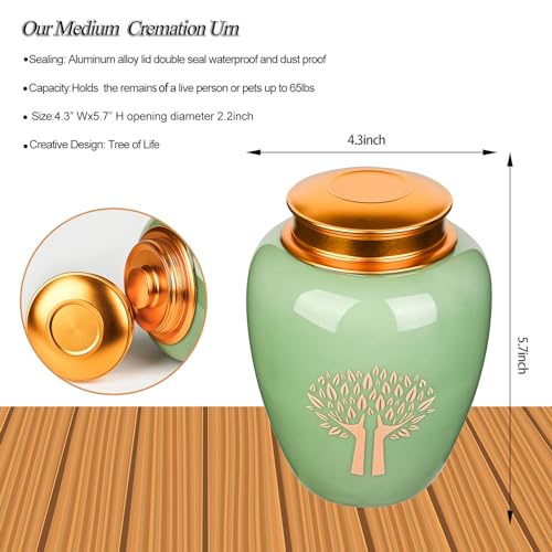 Stylitzy Medium Urn for Human Ashes,Decorative Ceramic Cremation Urn for Human or Pet Ashes,Small Keepsake Urn for Sharing Ashes Hold Up to 65 Cubic Inch,Tree of Life Design Memorial Urns (Green)
