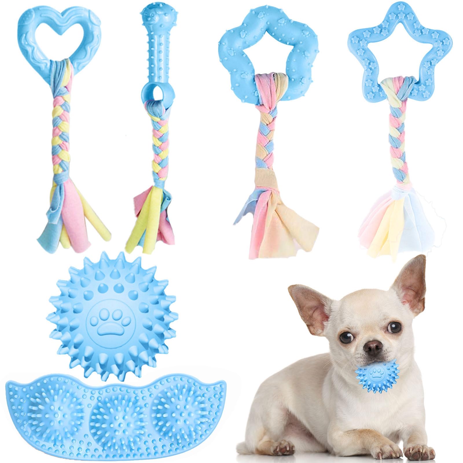 ABRRLO 6 Pack Puppy Toys Cute Blue Puppy Chew Toys for Teething Small Breed Dog Chew Toys Interactive Pet Toy Set for Puppies Soft and Durable Small Breed Doggy Teething Toys