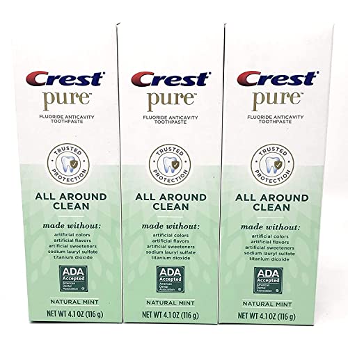 Crest Pure All Around Clean Fluoride Anticavity Toothpaste, Made Without Artificial Colors, Flavors, or Sweeteners - Natural Mint 4.1 oz (Pack of 3)