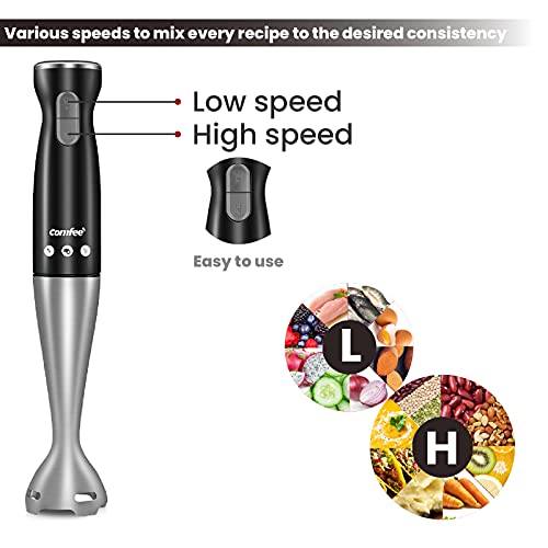 COMFEE' Immersion Hand Blender, Brushed Stainless Steel, 2-Speed, Multipurpose Stick Blender with 200 Watts, 600ml Mixing Beaker and Whisk, Perfect for Baby Food, Smoothies, Sauces and Soups, Black
