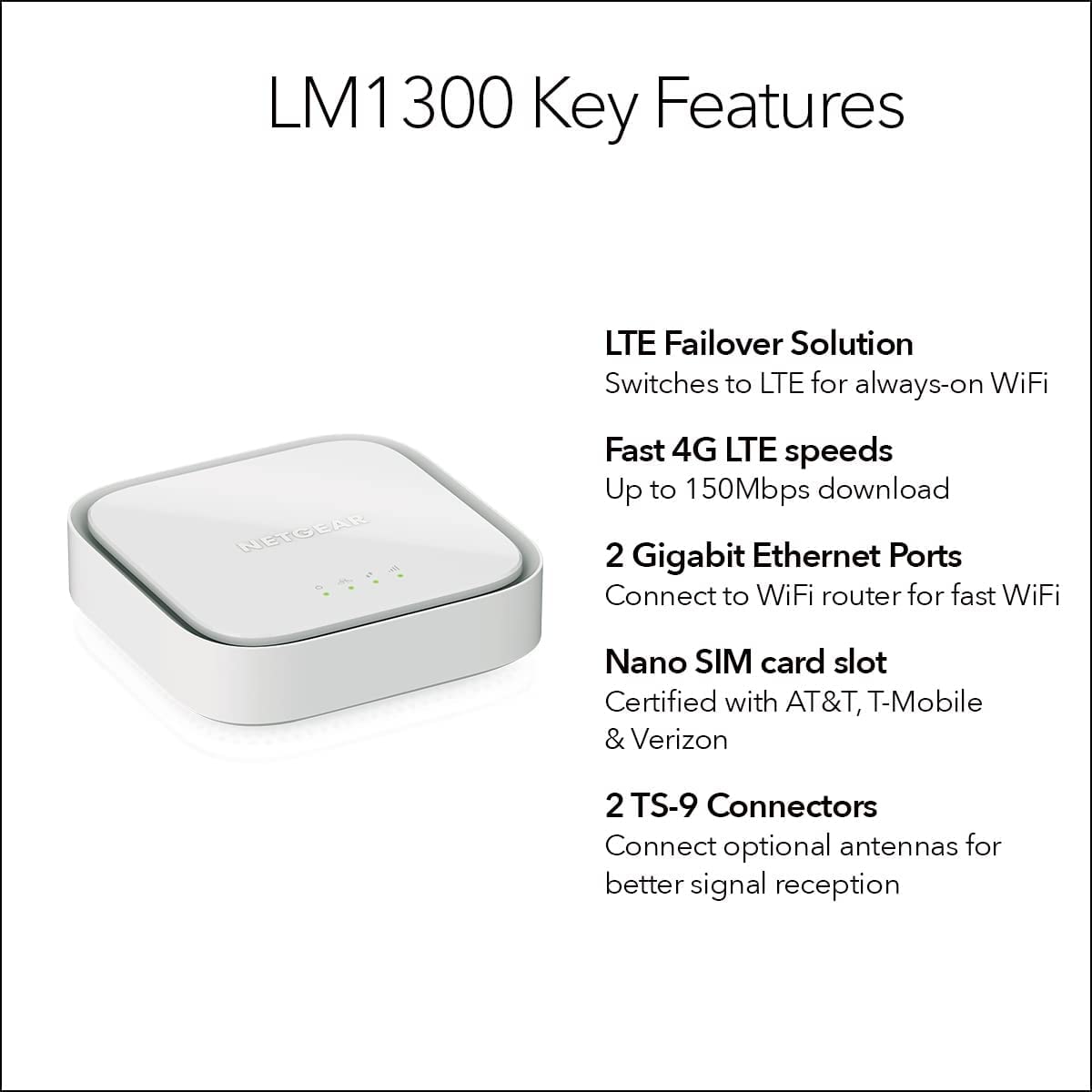 New Version NETGEAR 4G LTE Broadband Modem (LM1300) β Use LTE as a Primary Internet Connection or Failover Solution for Always-On WiFi, Certified with AT&T, T-Mobile, & Verizon (1Pack)