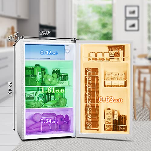 PEIHONGET Mini Fridge with Freezer, 3.2 Cu.ft, 5 Settings Temperature Adjustable, Low Noise, Reversible Single Door, Compact Refrigerator for Bedroom Office and Dorm, Apartment, Kitchen(Silver)