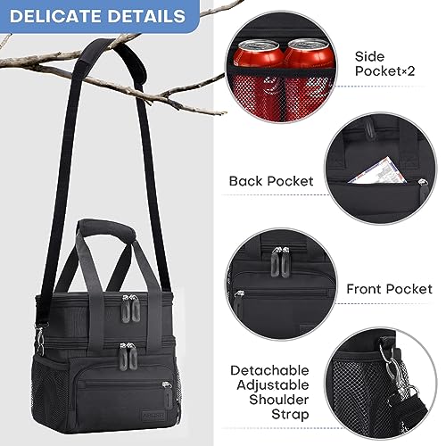 RONROX Double Deck Insulated Lunch Box, Leakproof Reusable Lunch Cooler Bags, Expandable Large Lunch bag, 900D Oxford for Men Women, Adults Work, Office, Picnic, 17L, Black