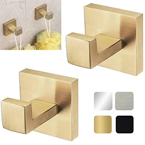 Towel Hooks for Bathrooms Brush Gold Stainless Steel 304 Robe and Coat Hook Modern Square Heavy Duty Wall Mount Clothes Hook 2 of Pack… (Brush Gold)
