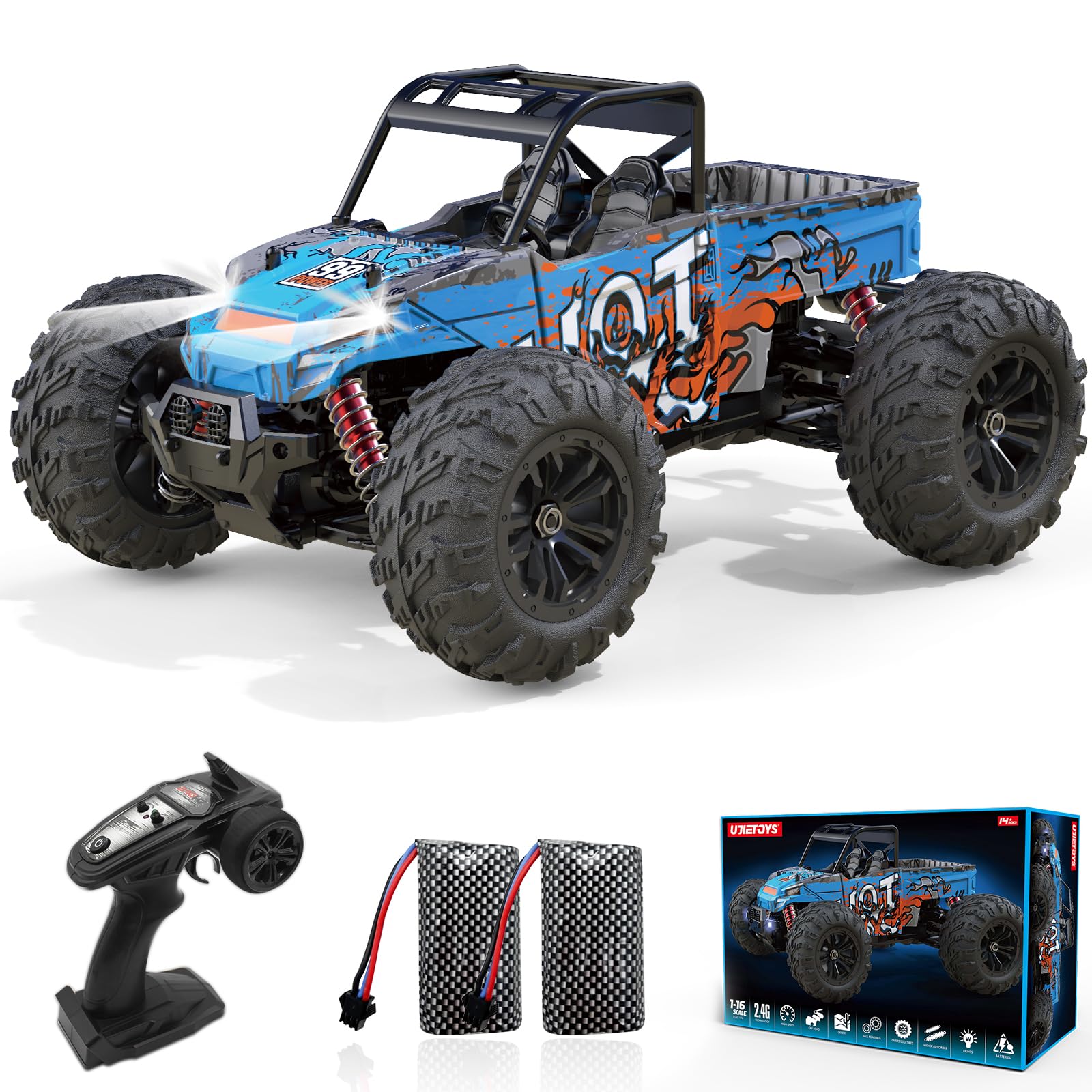 Losbenco High Speed RC Cars 40KPH for Adults, 1:16 Scale Remote Control Car, 4WD All Terrain Off-Road Monster RC Truck with Bright Headlight 2 Rechargeable Batteries for Kids and Adults