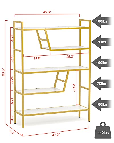 Teraves 5-Tier Adjustable Bookshelf Wood Bookcase with Metal Frame Book Shelf Organizer for Living Room/Bedroom/Study Room,46 Variants
