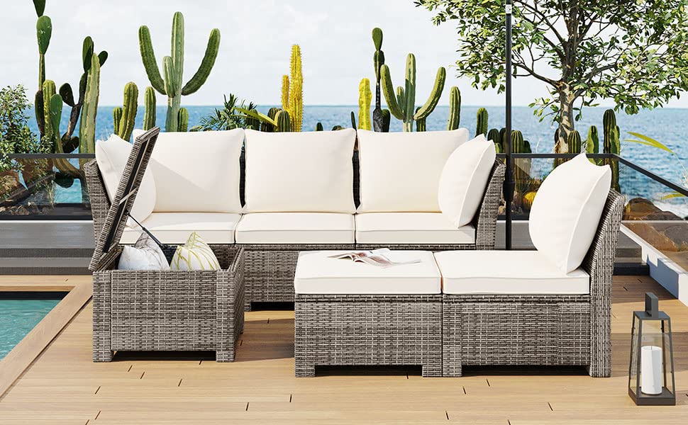 DHPM Furniture 6 Pieces Outdoor Sectional PE Rattan Sofa Brown Manual Wicker Patio Conversation Set with 2 Corner, 2 Single Chairs, 1 Ottoman and 1 Storage Table, Beige