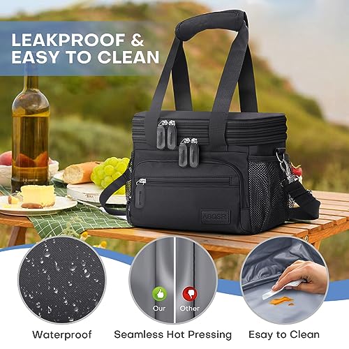 RONROX Double Deck Insulated Lunch Box, Leakproof Reusable Lunch Cooler Bags, Expandable Large Lunch bag, 900D Oxford for Men Women, Adults Work, Office, Picnic, 17L, Black