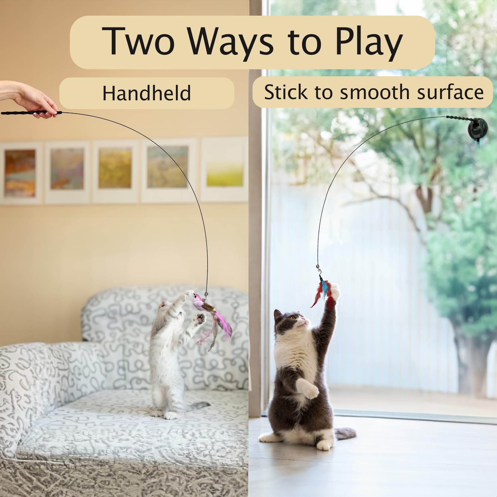 Felicity Suction Cup Cat Toy, 2 in 1 Interactive Bird Toy for Cats - 2 Strong Suction Cups, 9 Cat Feather Toys, 2 Durable Cat Wands, 1 Hanging Cat Toy - Interactive Cats Toys for Indoor Cats