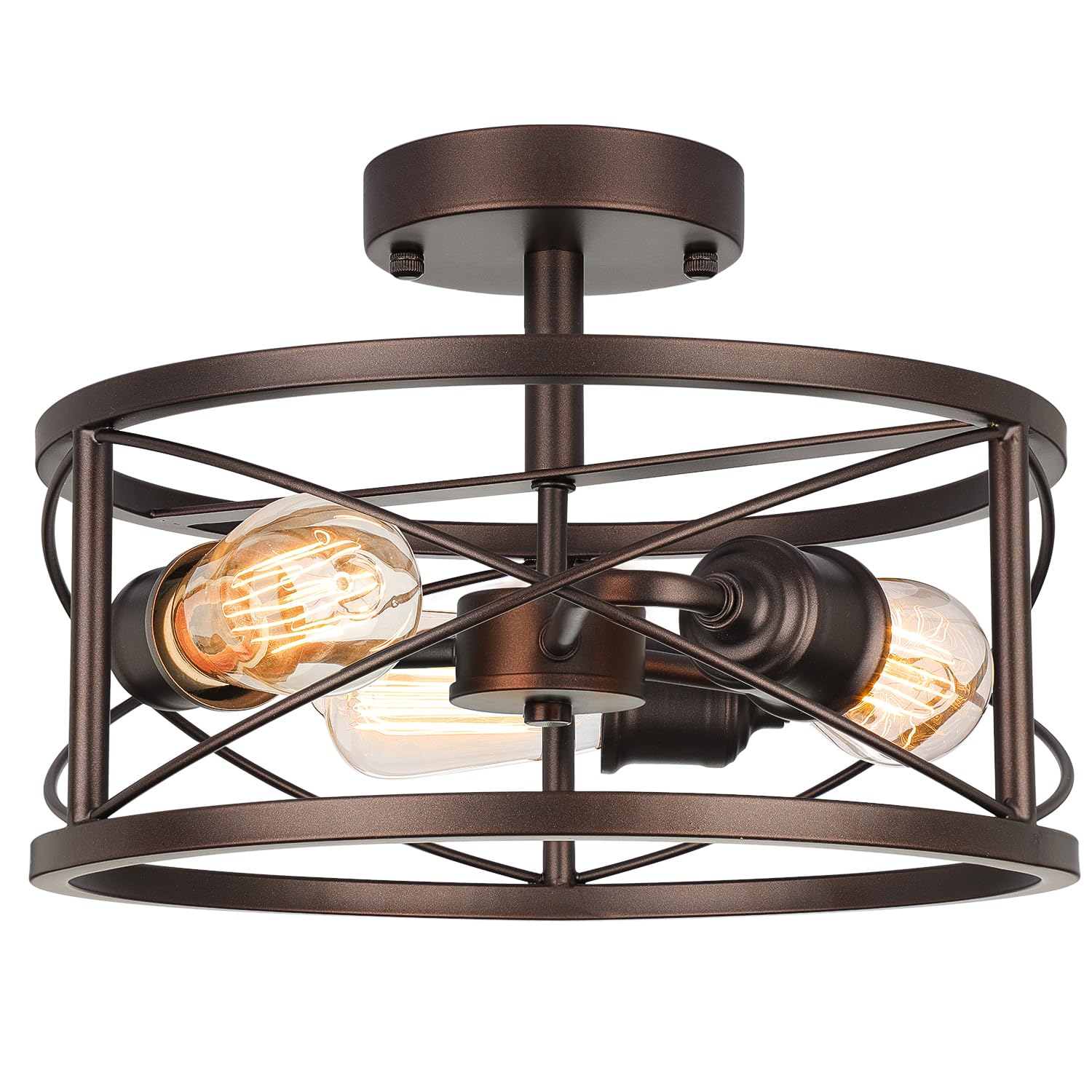 SunRider Industrial 3-Light Semi Flush Mount Ceiling Light, Bronze Farmhouse Lighting Fixture with Metal Cage, Retro Pendant Lamp for Hallway Kitchen