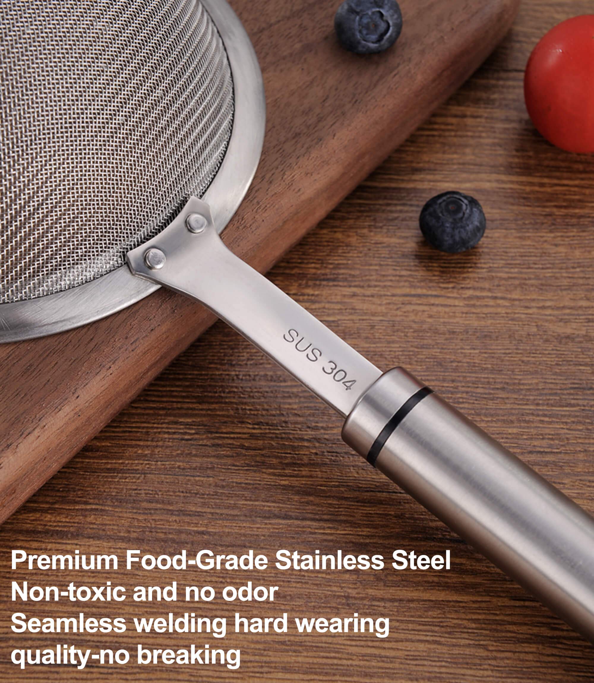 Adjaso 5.5inch 304 Stainless Steel Fine Mesh Strainer for Kitchen, Colander-Skimmer with Handle, Metal Sieves Sifters