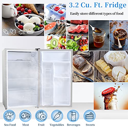 PEIHONGET Mini Fridge with Freezer, 3.2 Cu.ft, 5 Settings Temperature Adjustable, Low Noise, Reversible Single Door, Compact Refrigerator for Bedroom Office and Dorm, Apartment, Kitchen(Silver)