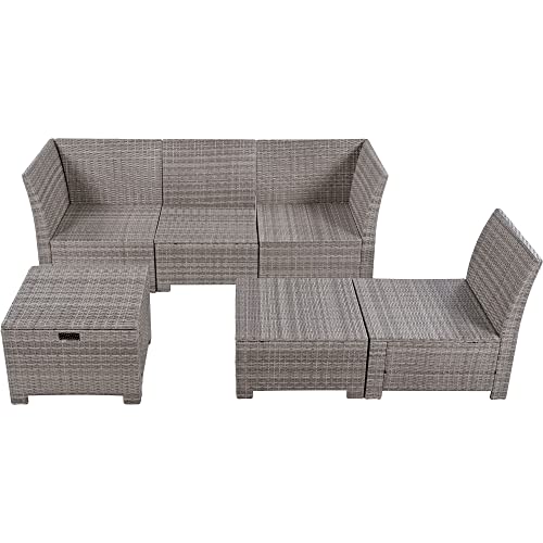 DHPM Furniture 6 Pieces Outdoor Sectional PE Rattan Sofa Brown Manual Wicker Patio Conversation Set with 2 Corner, 2 Single Chairs, 1 Ottoman and 1 Storage Table, Beige
