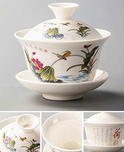 Emoyi Lotus Rhyme Brid Pattern Porcelain Kung Fu Tea Cup and Saucer with Lid Sancai Tea Bowl Tea Set, White, 100ml(KK-544)