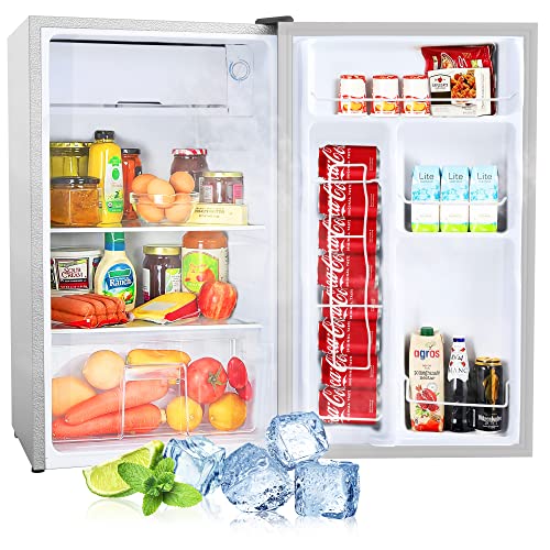 PEIHONGET Mini Fridge with Freezer, 3.2 Cu.ft, 5 Settings Temperature Adjustable, Low Noise, Reversible Single Door, Compact Refrigerator for Bedroom Office and Dorm, Apartment, Kitchen(Silver)