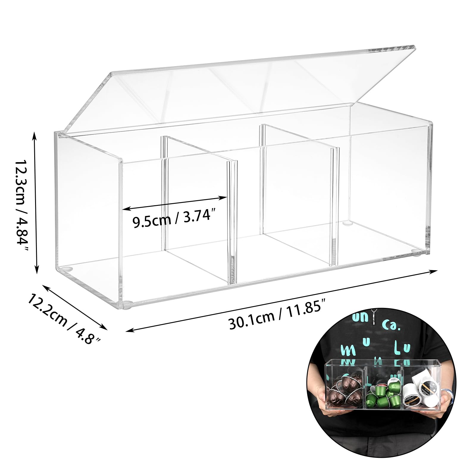 ELLDOO Coffee Pod Holder with Lid, Acrylic Coffee Pod Organizer for K Cup Espresso, 3-Compartment Tea Bags Sugar Packets Coffee Capsule Storage Holder for Home Coffee Bar Office Counter