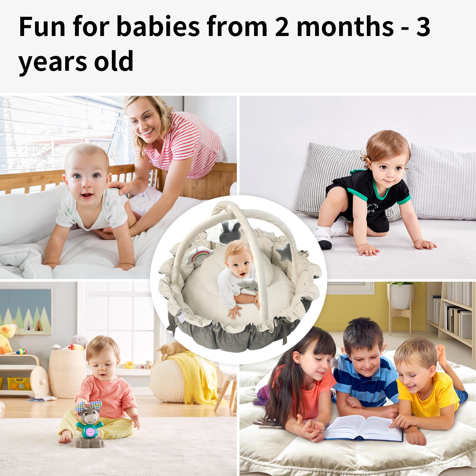 Aokeyee 5 in 1 Thick and Plush Baby Play Gym Mat,Activity Gym & Play Mat with Moon Pillow,Convertible Stage-Based Developmental from Baby to Toddler