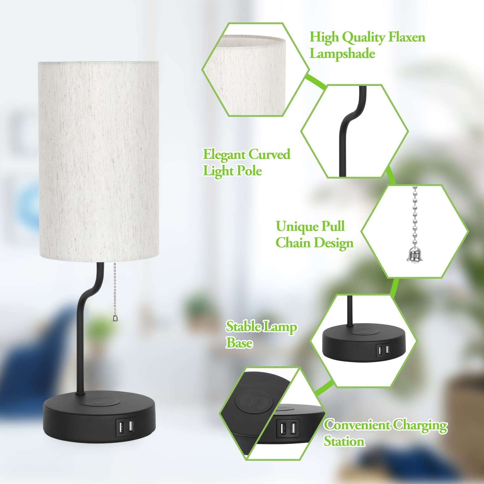Wireless Charging Bedside Lamps with 2 USB Ports, Set of 2 Table Lamps for Bedroom, Modern Nightstand Lamps, Desk Lamps with E26 Socket Round Fabric Lampshade for Living Room Office Reading Working