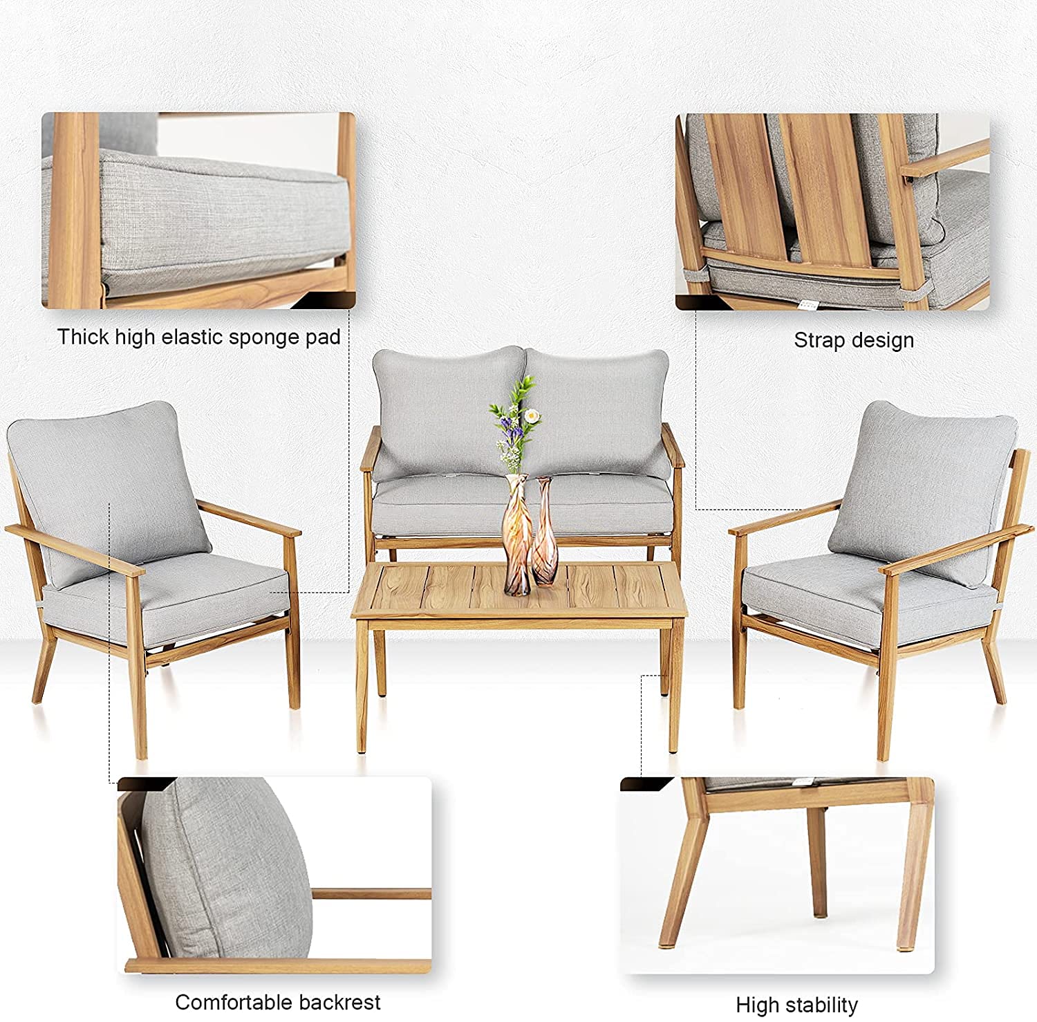 SUNCROWN 4-Piece Outdoor Patio Sofa Furniture Set Heavy Duty Conversation Set, Metal Frame Armchairs Loveseat Set with Grey Cushions and Coffee Table, Grey