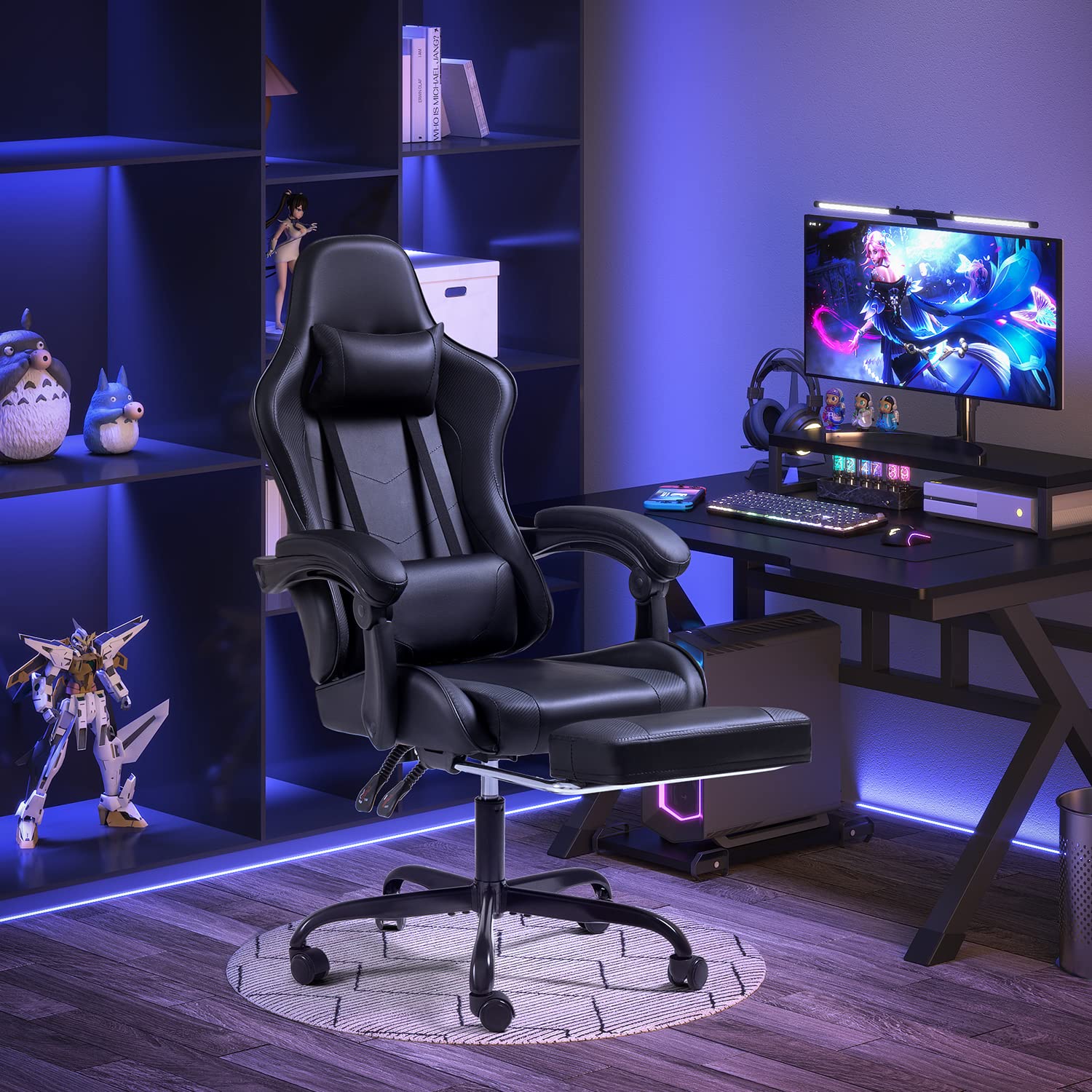 Shahoo Gaming Chair with Footrest and Massage Lumbar Support, Video Racing Seat Height Adjustable with 360°Swivel and Headrest for Office or Bedroom, Black