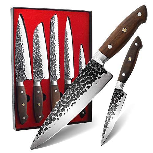 KONOLL Kitchen Knife Block Set Chef Knife Box Set Ultra Sharp Forged Knives Set, High Carbon Steel Kitchen Knife (Knife Box Set 5 Pcs)