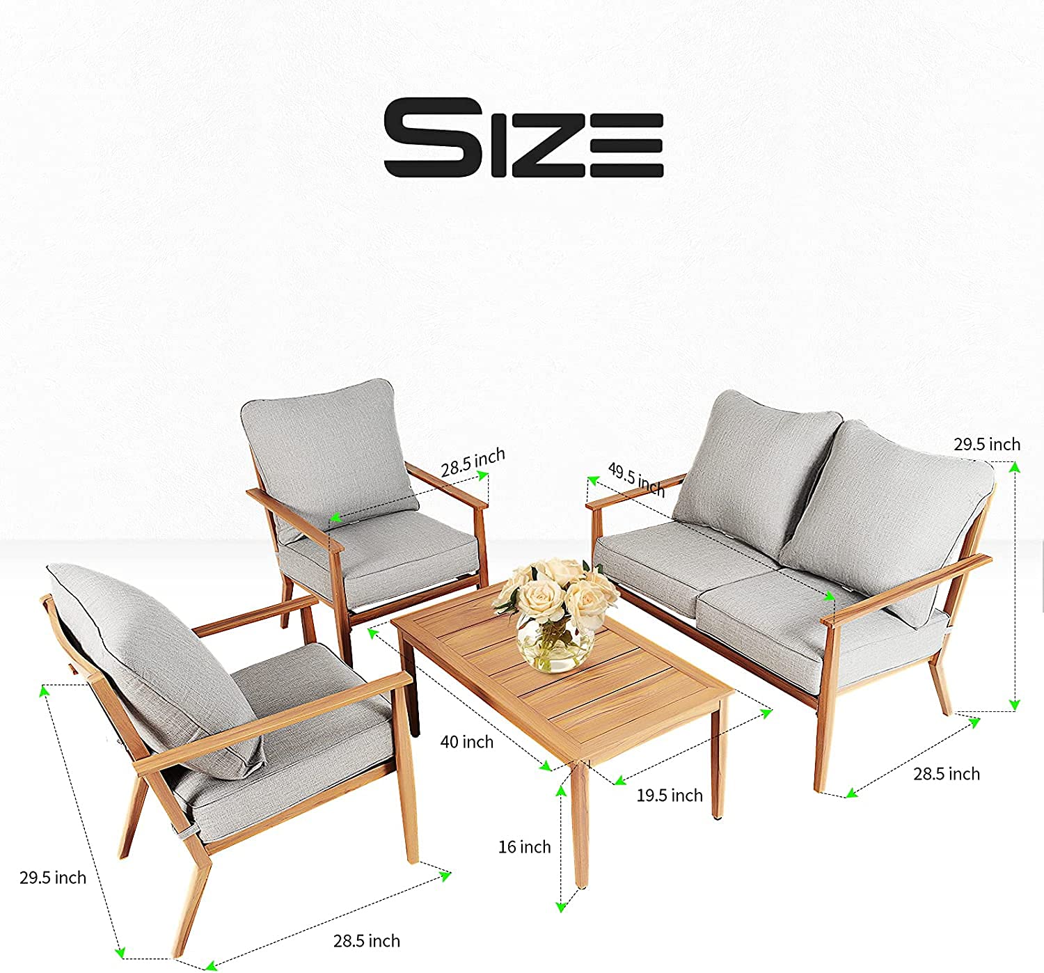 SUNCROWN 4-Piece Outdoor Patio Sofa Furniture Set Heavy Duty Conversation Set, Metal Frame Armchairs Loveseat Set with Grey Cushions and Coffee Table, Grey