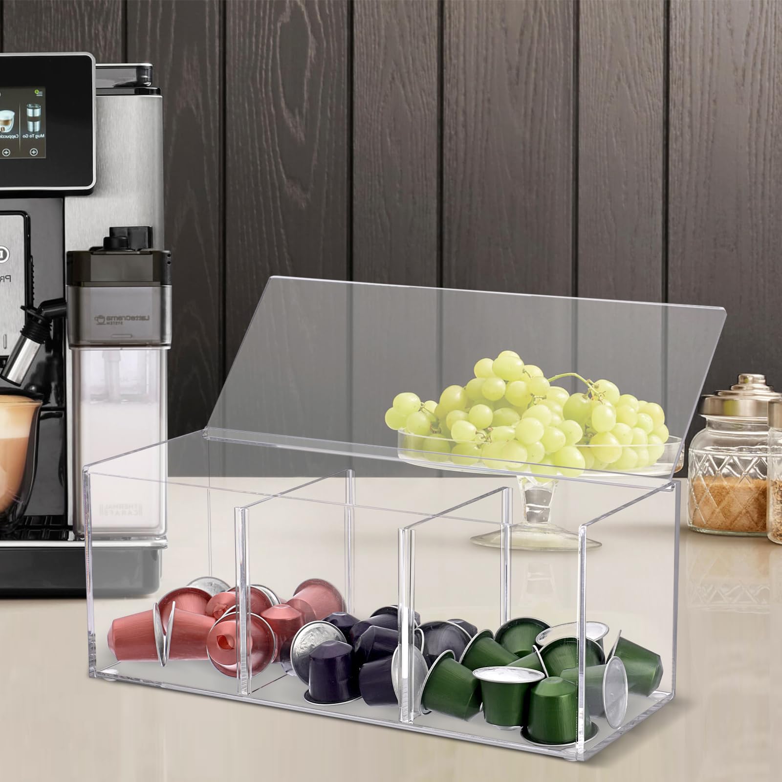 ELLDOO Coffee Pod Holder with Lid, Acrylic Coffee Pod Organizer for K Cup Espresso, 3-Compartment Tea Bags Sugar Packets Coffee Capsule Storage Holder for Home Coffee Bar Office Counter