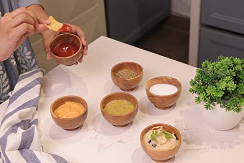 LAVAUX DESIGNS Set of 6 Acacia wood small bowls, 4 fl oz 3.25 * 2 inches | Charcuterie Accessories | Wooden Kitchen Mini Cups for serving Dips, Sauce, Nuts, Prep, Spice & Condiments