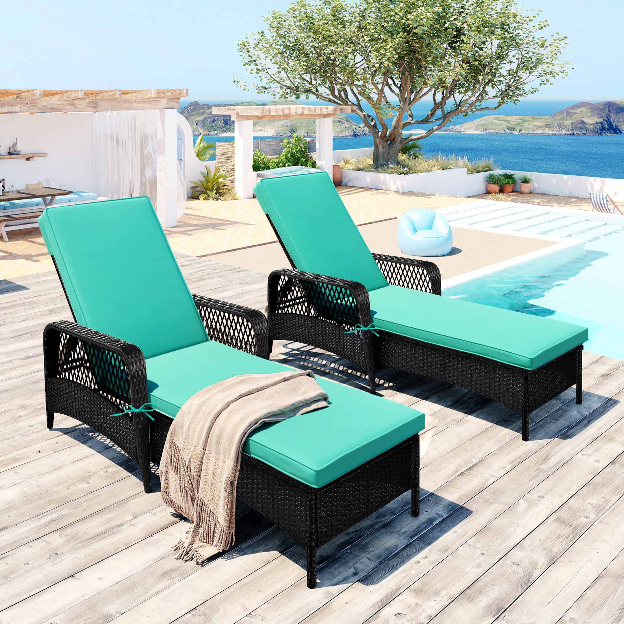 Quarte 2 Piece Outdoor PE Wicker Sun Lounger,Patio Chaise Lounger with Adjustable Backrest and Armrests,for Porch Lawn Garden Backyard Poolside (Green&y)