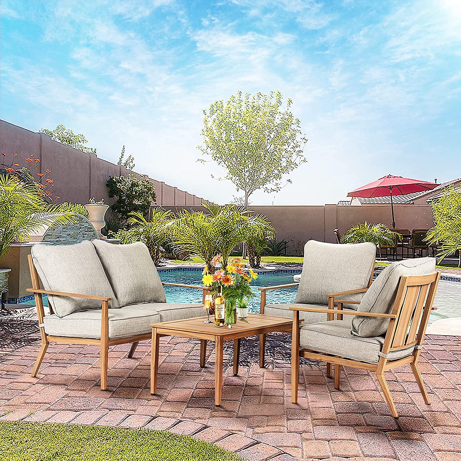 SUNCROWN 4-Piece Outdoor Patio Sofa Furniture Set Heavy Duty Conversation Set, Metal Frame Armchairs Loveseat Set with Grey Cushions and Coffee Table, Grey