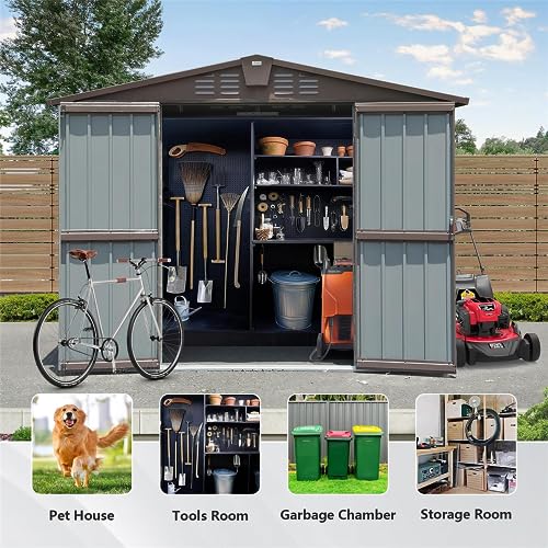 UBGO Outdoor Storage Shed 8.2' x 6.2',Garden Tool Storage Shed,Metal Steel Utility Tool Shed Storage House with Double Lockable Doors & Air Vents for Backyard Patio Garden Lawn-Brown
