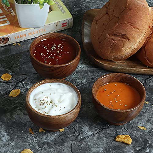 LAVAUX DESIGNS Set of 6 Acacia wood small bowls, 4 fl oz 3.25 * 2 inches | Charcuterie Accessories | Wooden Kitchen Mini Cups for serving Dips, Sauce, Nuts, Prep, Spice & Condiments