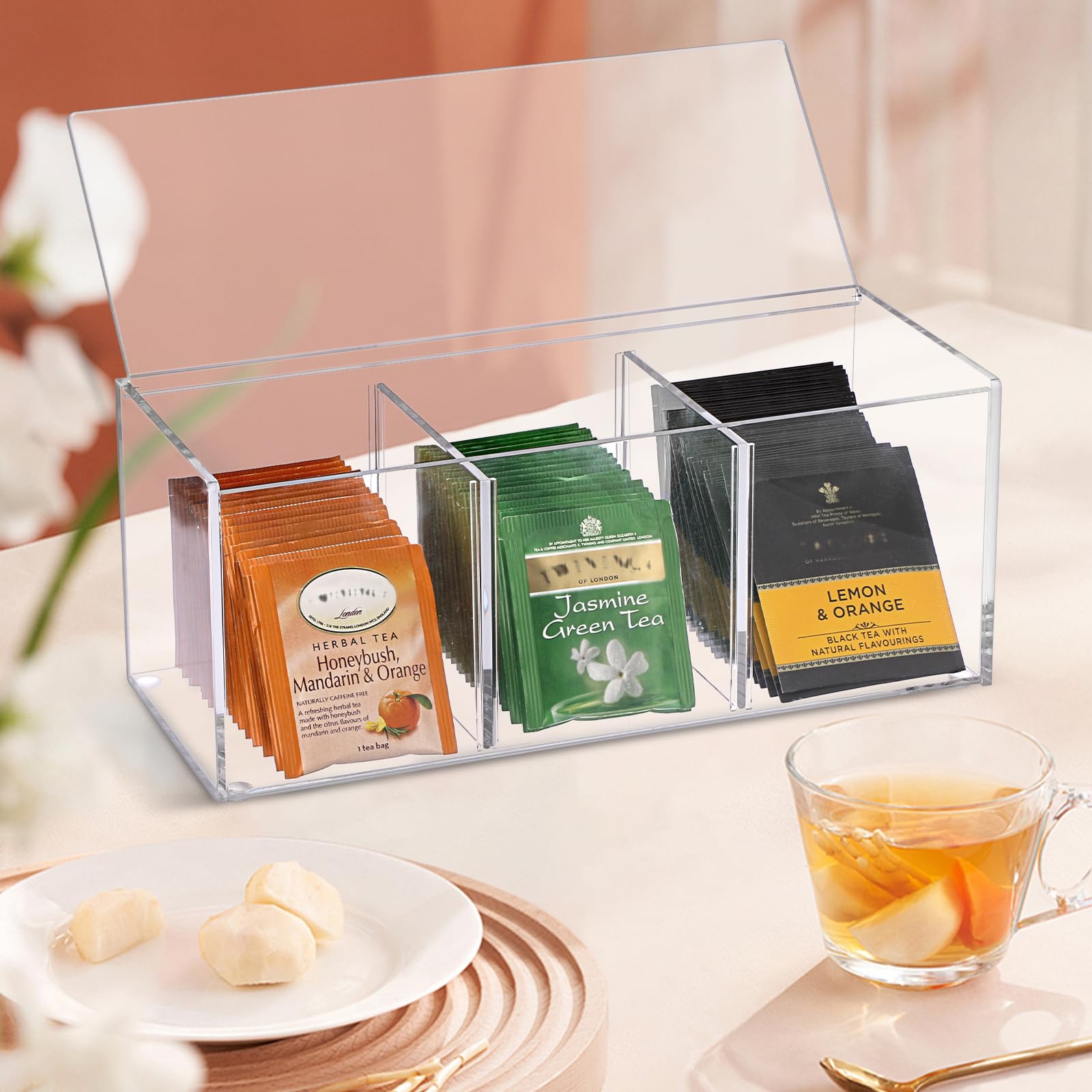 ELLDOO Coffee Pod Holder with Lid, Acrylic Coffee Pod Organizer for K Cup Espresso, 3-Compartment Tea Bags Sugar Packets Coffee Capsule Storage Holder for Home Coffee Bar Office Counter
