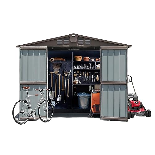 UBGO Outdoor Storage Shed 8.2' x 6.2',Garden Tool Storage Shed,Metal Steel Utility Tool Shed Storage House with Double Lockable Doors & Air Vents for Backyard Patio Garden Lawn-Brown