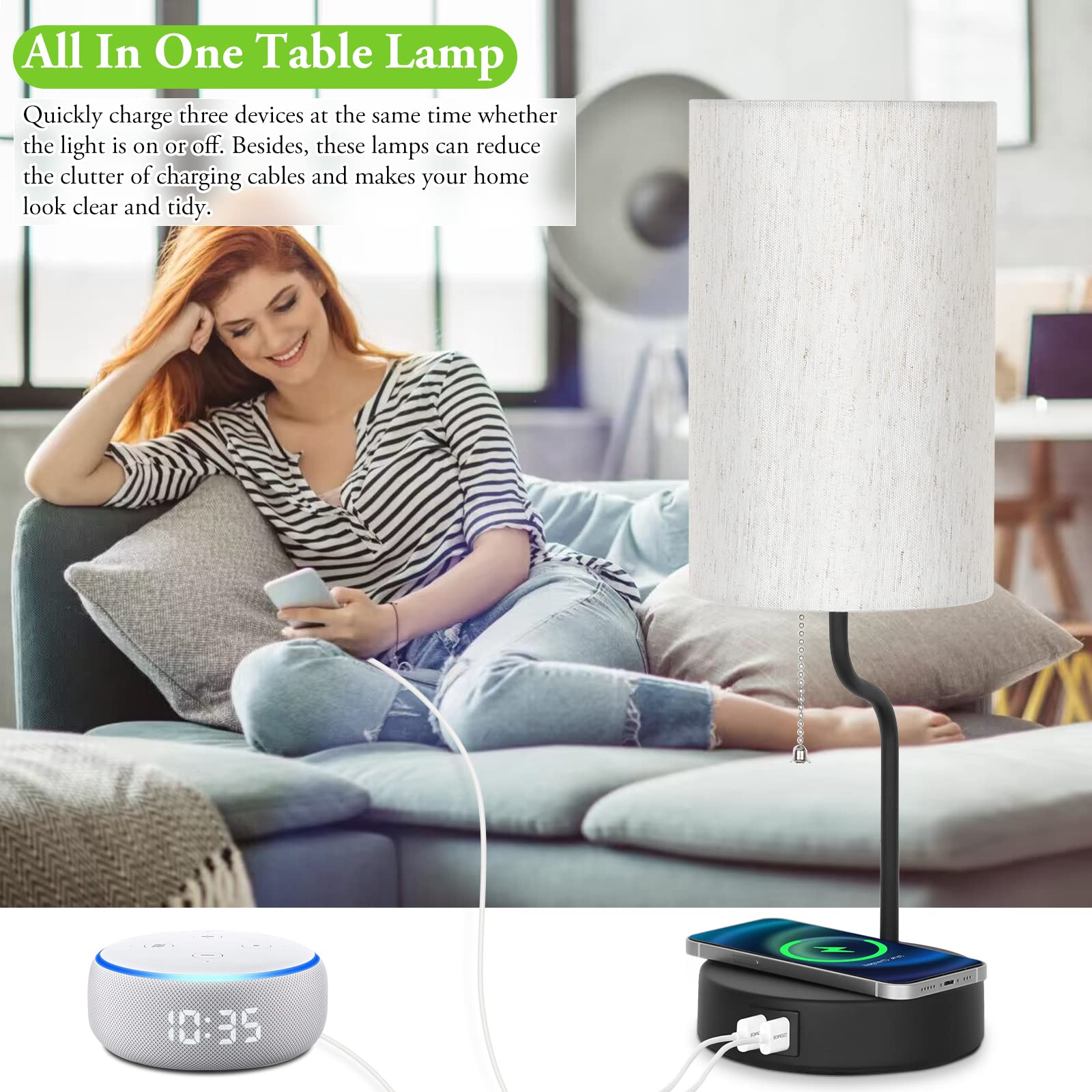Wireless Charging Bedside Lamps with 2 USB Ports, Set of 2 Table Lamps for Bedroom, Modern Nightstand Lamps, Desk Lamps with E26 Socket Round Fabric Lampshade for Living Room Office Reading Working