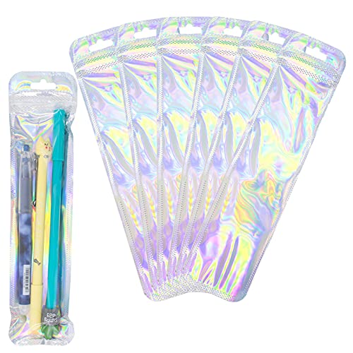 Resealable Foil Ziplock Bags 50 PACK Aluminum Foil Bags Long Jewelery Plastic Bags For Pen Lip Eyelash Jewelry Necklace Long Packaging Holographic Rainbow Color