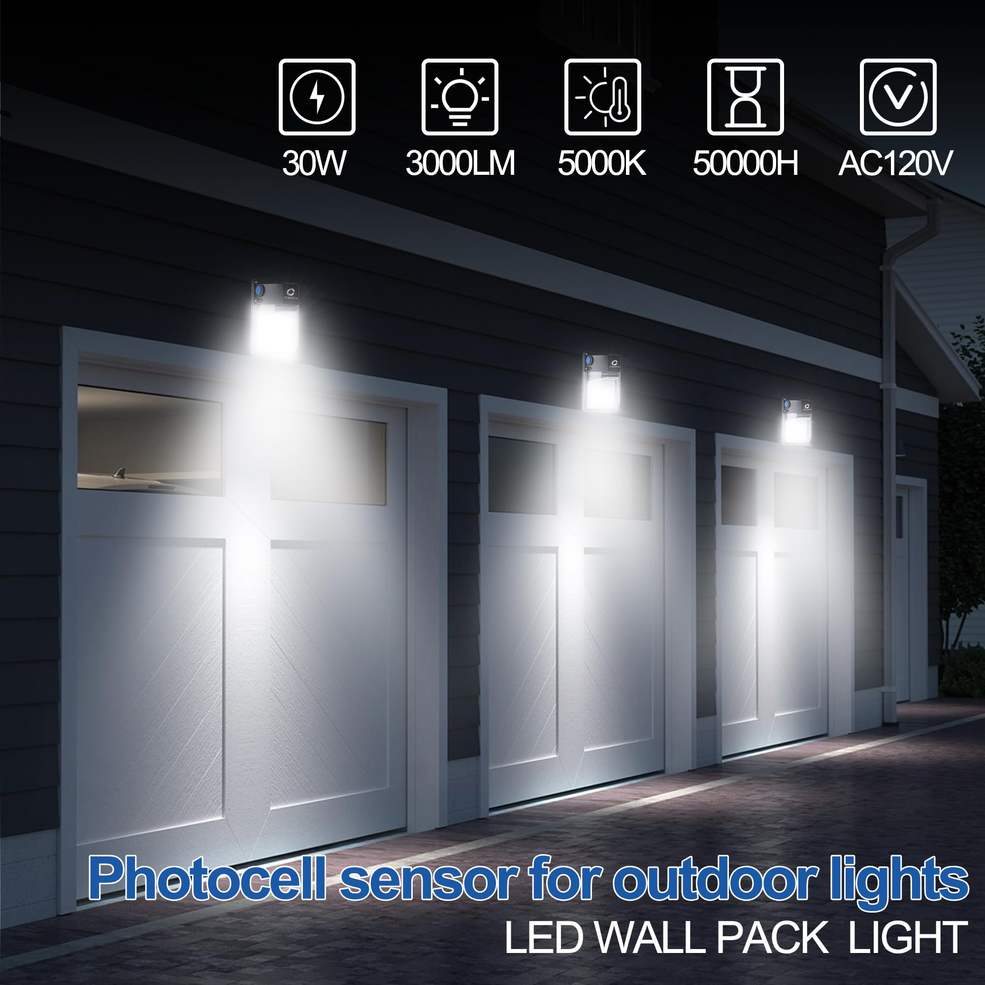 CINOTON 30W LED Wall Pack Light with Dusk to Dawn Sensor, 3600LM, 5000K Daylight [120Vac/200-300W HID/HPS Equiv.] IP65 Waterproof Outdoor Security Flood Lighting for Garage Warehouse Garden 2 Pack