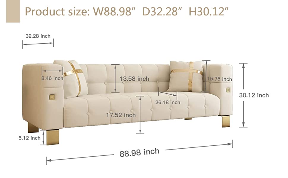 MoLiFaning 89" Modern Chesterfield Velvet Sofas Mid Century Modern Button Tufted Velvet Couches with 2 Pillows and Gold Legs,for Living Room Apartment Bedroom Office Beige