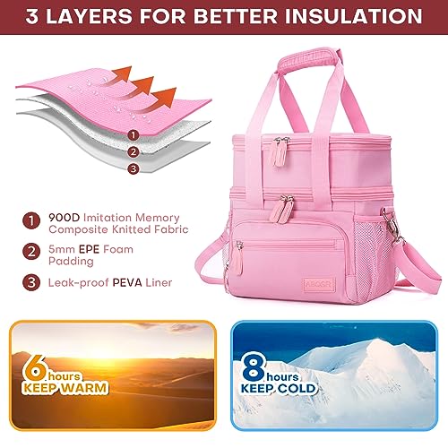 RONROX Large Lunch Box for Women and Men, Double Deck Insulated Lunch Bag with 900D Oxford, Expandable Leakproof Reusable Lunch Cooler Bag for Work, Office, Picnic, 17L, Pink