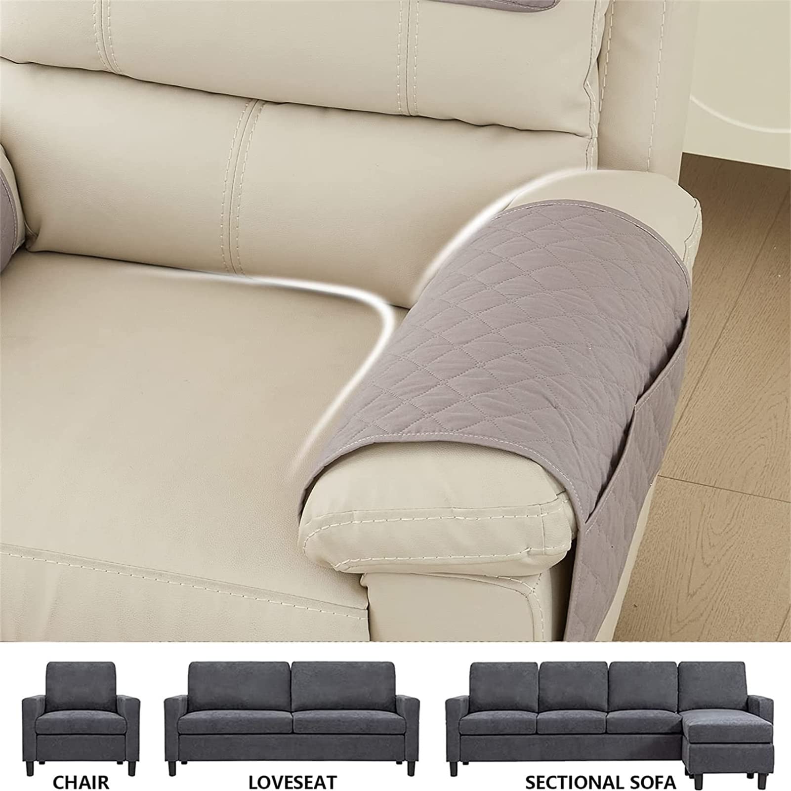 Sofa Armrest Cover, Water Proof 1/2/3 Seater Sofa Headrest Slipcovers Quilted Nonslip Removable Armchair Cover Furniture Protector for Recliner Leather Sofa Couch (Light Gray,3 Seat Recliner 5 pc)