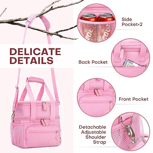 RONROX Large Lunch Box for Women and Men, Double Deck Insulated Lunch Bag with 900D Oxford, Expandable Leakproof Reusable Lunch Cooler Bag for Work, Office, Picnic, 17L, Pink
