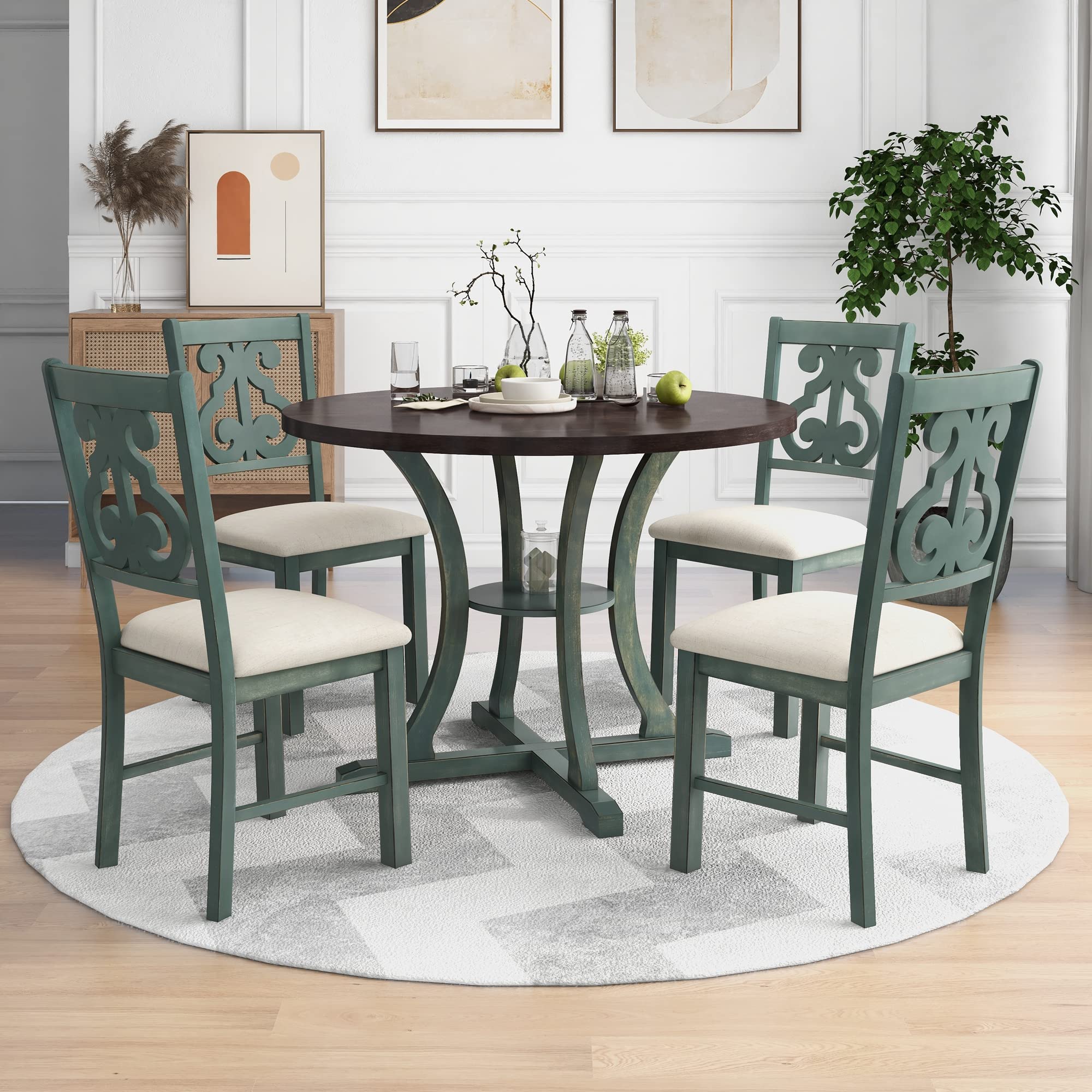 Lepfun 5 Pieces Round Kitchen 4 Upholstered Chairs and Storage Shelf, Bistro Table Set, for Dining Room (Antique Blue/Dark Brown)