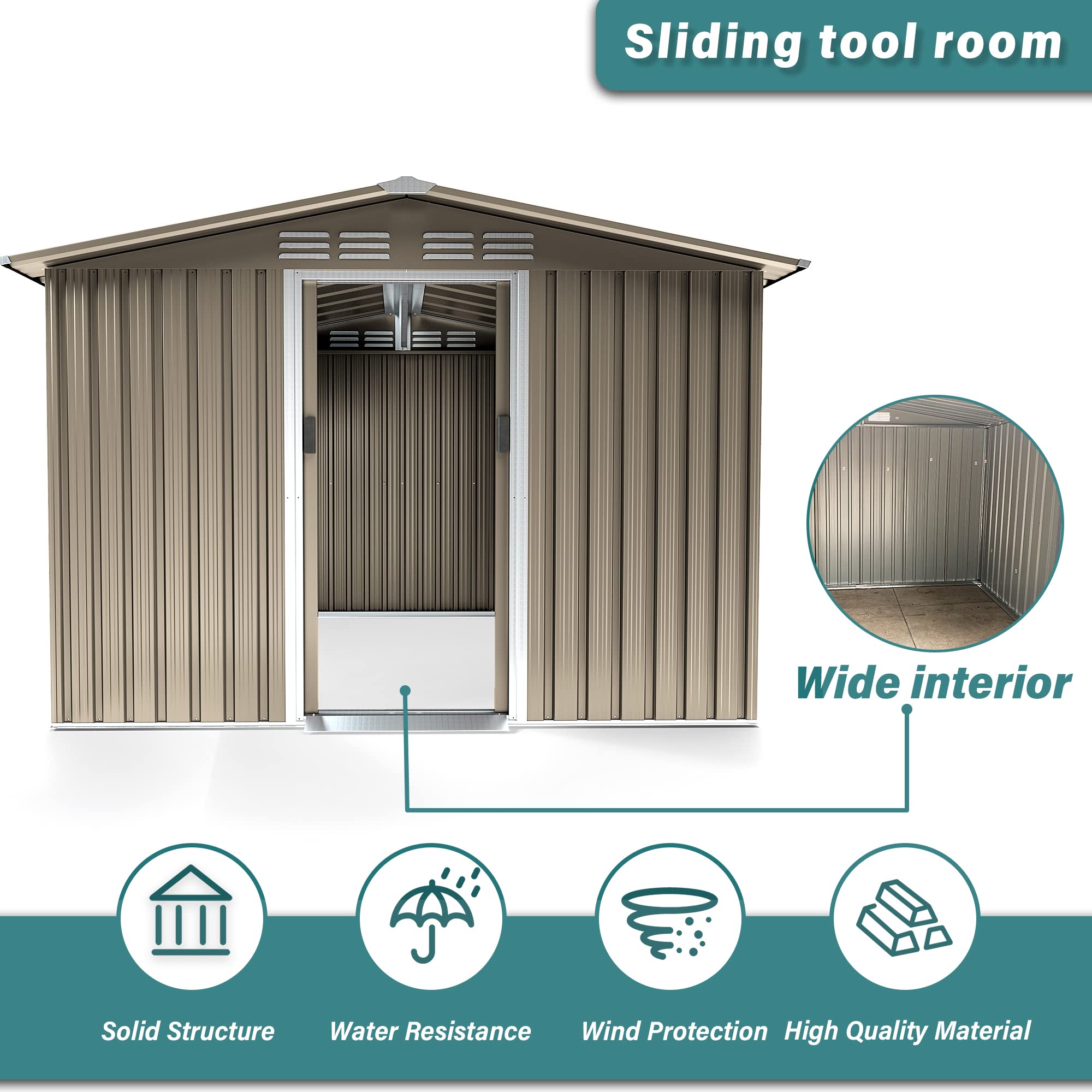 Gotland 8FT x 6FT Metal Storage Shed with Lockable Sliding Doors and Air Vents, Outdoor Utility and Tool Storage for Garden, Backyard, Patio, and Lawn