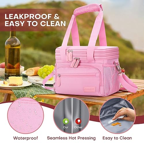 RONROX Large Lunch Box for Women and Men, Double Deck Insulated Lunch Bag with 900D Oxford, Expandable Leakproof Reusable Lunch Cooler Bag for Work, Office, Picnic, 17L, Pink