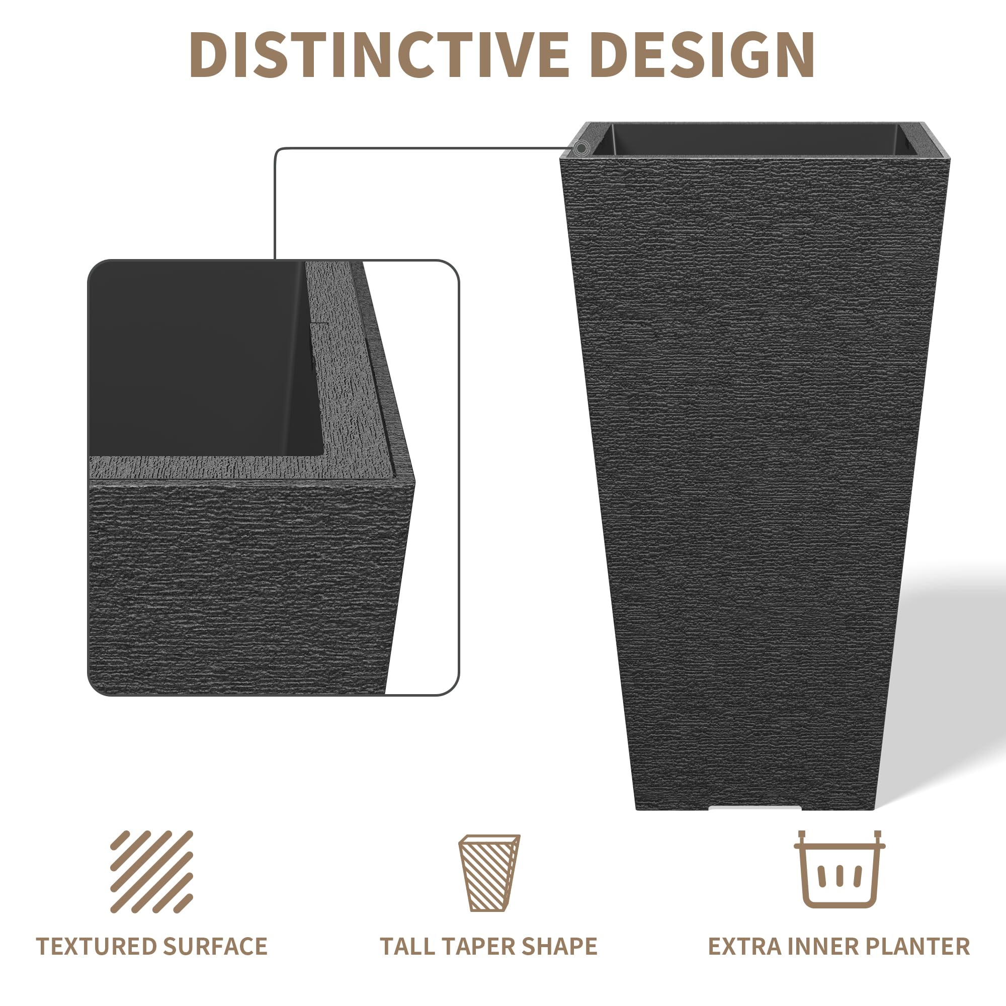 Kante 22 Inch Tall Planter Set of 2, Large Taper Planter for Outdoor Indoor Garden Patio Front Door (Black)