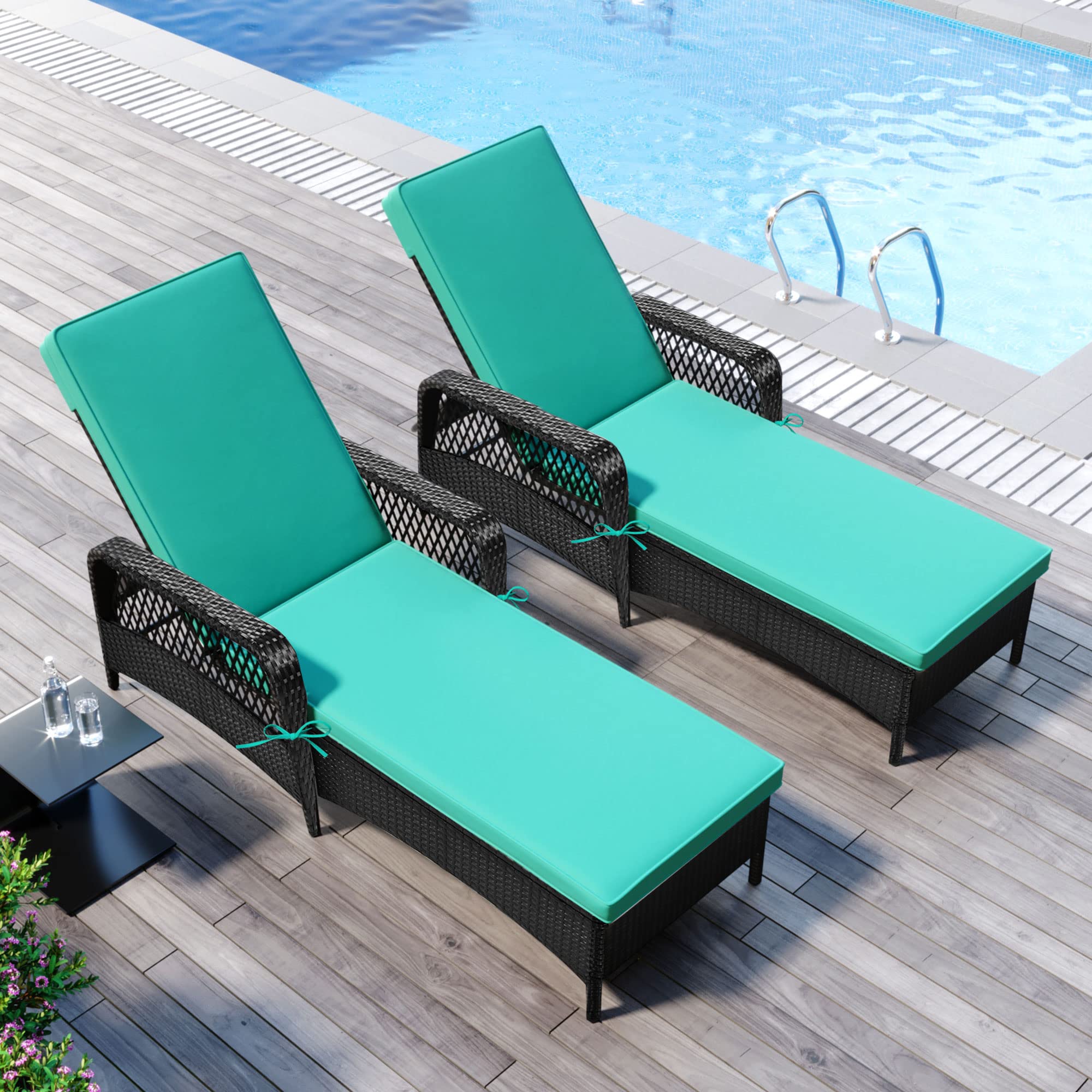 Quarte 2 Piece Outdoor PE Wicker Sun Lounger,Patio Chaise Lounger with Adjustable Backrest and Armrests,for Porch Lawn Garden Backyard Poolside (Green&y)