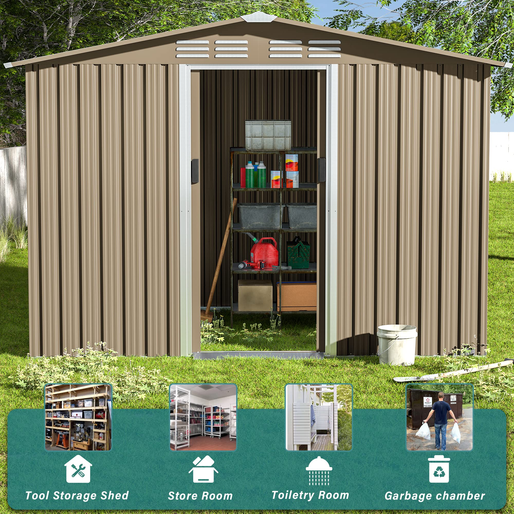 Gotland 8FT x 6FT Metal Storage Shed with Lockable Sliding Doors and Air Vents, Outdoor Utility and Tool Storage for Garden, Backyard, Patio, and Lawn