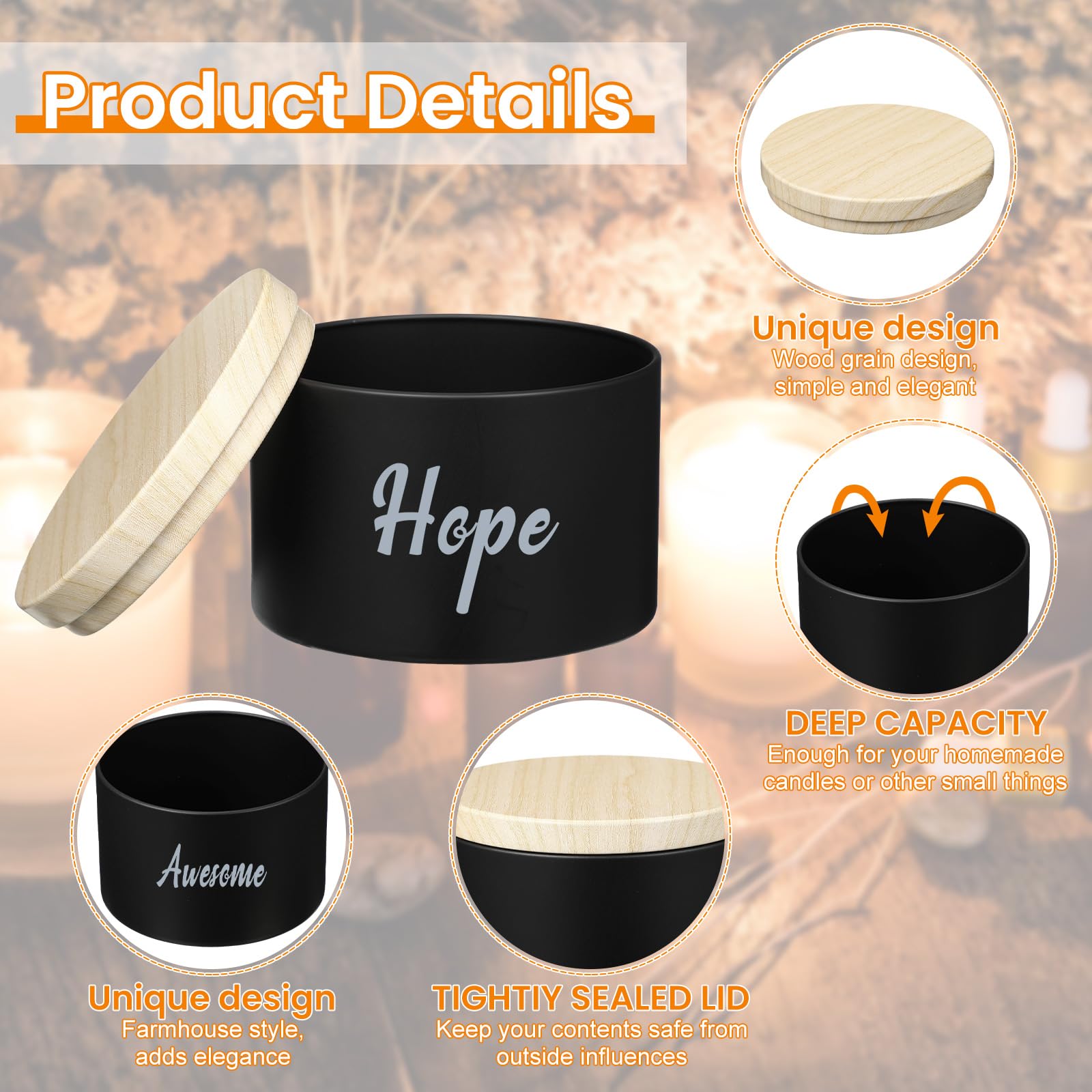 Tanlade 24 Pcs Black Candle Jar with Lids Bulk Candle Tins 8 oz Candle Metal Containers Candle Vessels Candle Making Molds and 4 Sheet Candle Labels for Candle Making Storage DIY Supplies